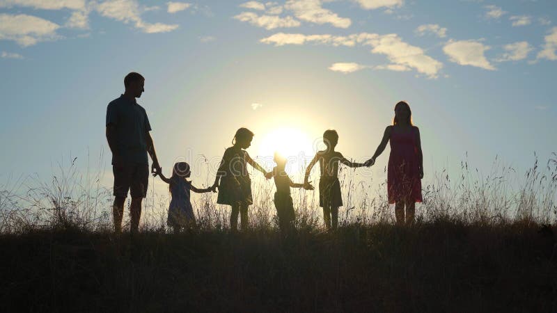 Happy Large Family at Sunset with a Dog. Stock Image - Image of active ...