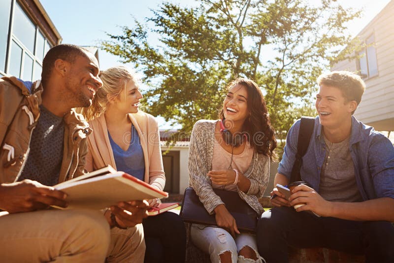 Happy, Laughing and Friends with Students in College for Study Break ...