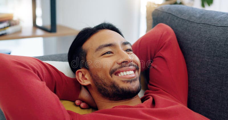 Happy, Lazy and Relax, a Man on a Sofa in Living Room after Work ... Happy, Lazy and Relax, a Man on a Sofa in Living Room after Work ...