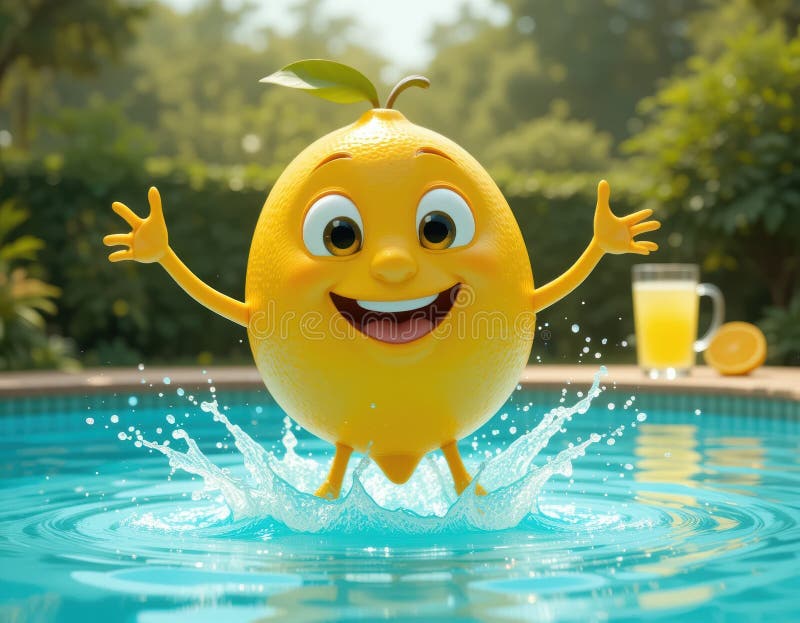 Happy Lemon Character Jumping into a Swimming Pool Stock Illustration ...