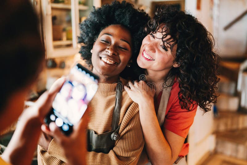 Happy Lesbian Lgbtq Couple In Love Cuddling Laughing Having Fun