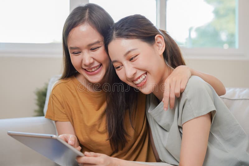 Happy Lesbian Pleasure Asian Young Two Women Girl Gay Or Close Friend