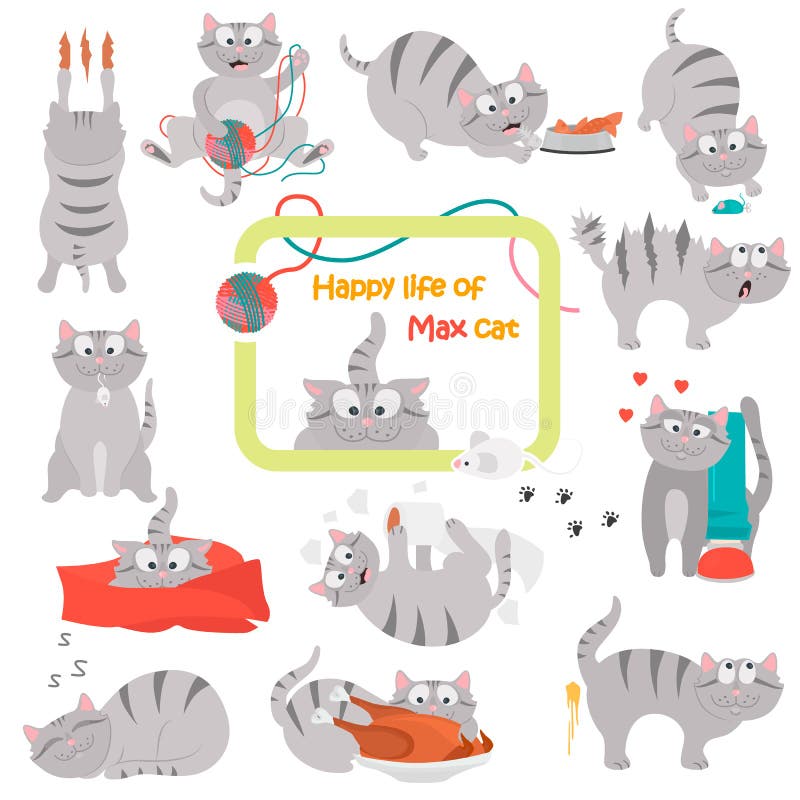 Happy Life of a Cat Color Flat Illustration Set Stock Vector ...