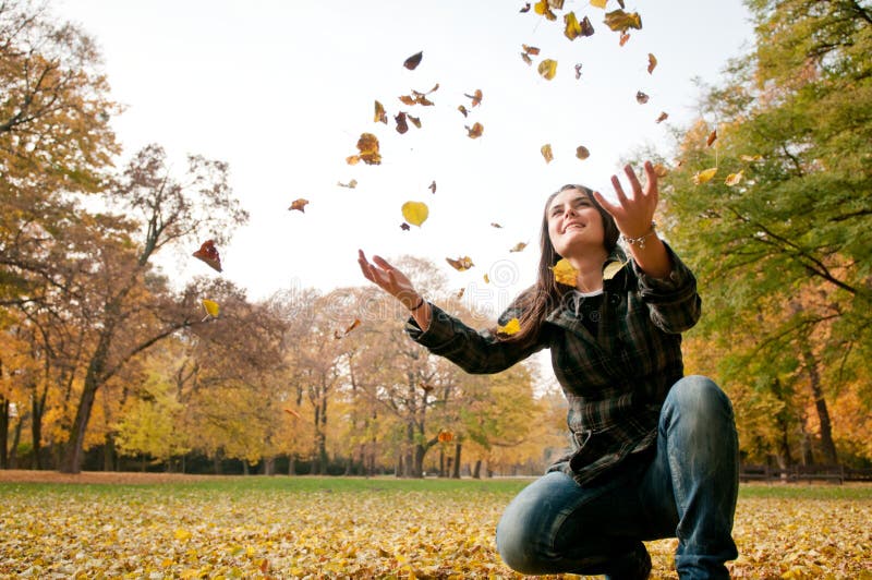 Happy Life - Woman Throwing Leaves in Fall Stock Image - Image of ...
