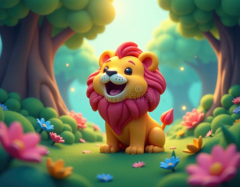 Happy Lion Cub in a Magical Forest Stock Illustration - Illustration of happy, cheerful: 354463460