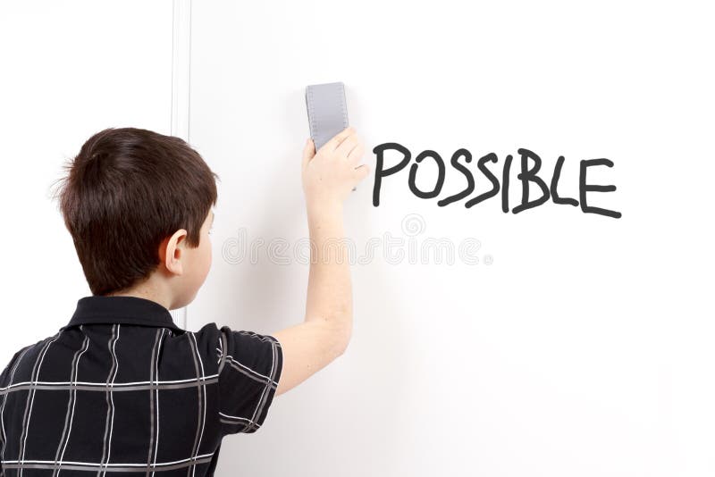 Happy Little Boy Erasing Text on White Board Stock Photo - Image of ...