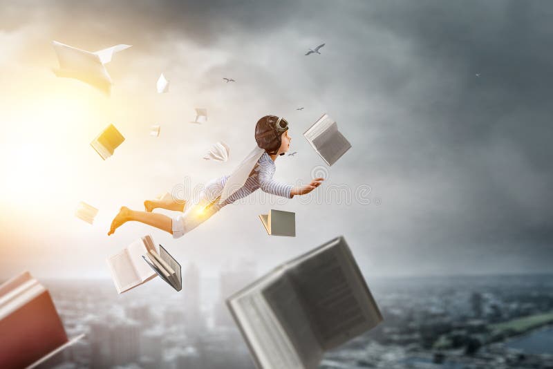 Happy Little Boy Flying Wearing Helmet Stock Photo - Image of flying ...