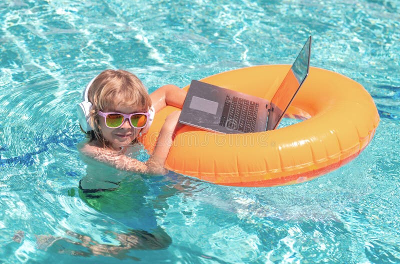 Happy Little Boy Learning Online Computer Laptop. Kid Relax on Floating ...