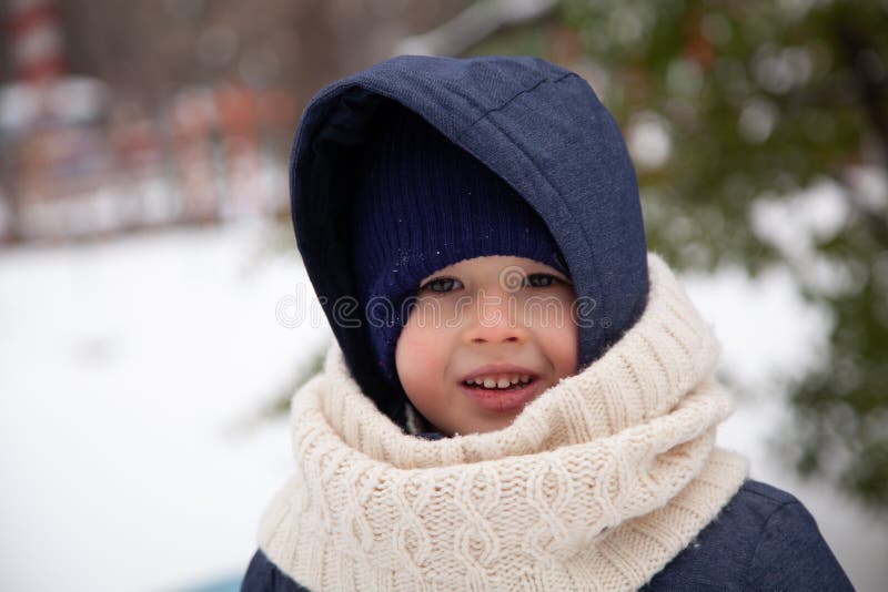 Happy Little Boy at the Park in Winter Snow Stock Photo - Image of ...