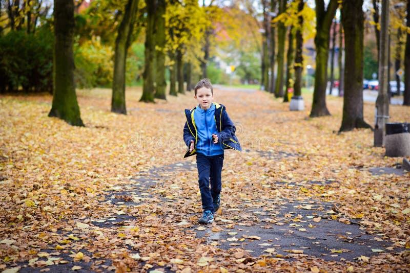 Little Boy Running in the Park. Back View Stock Photo - Image of ...