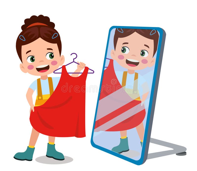 Happy Little Boy Standing in Front of Mirror Looking His Reflection ...