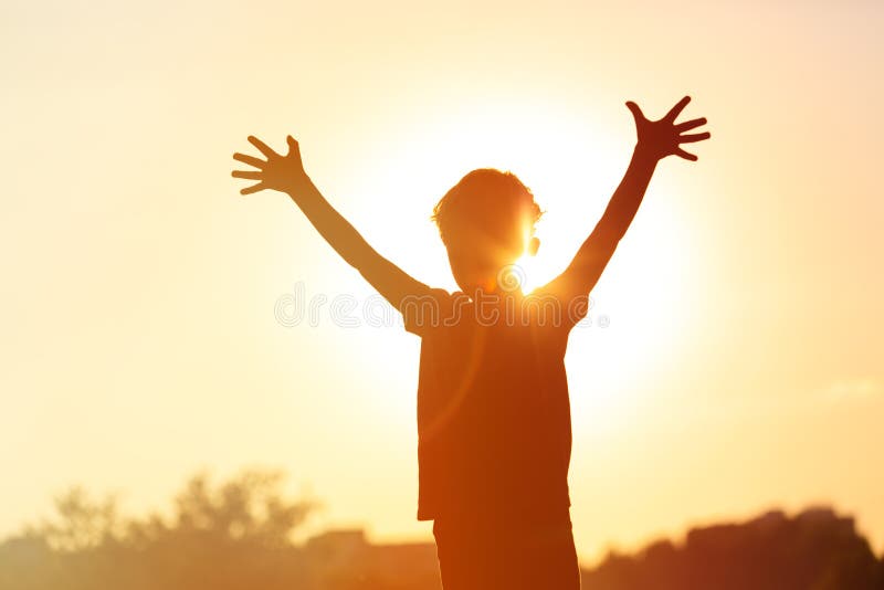 Happy Little Boy at Sunset Sky Stock Image - Image of sunset, cheerful ...