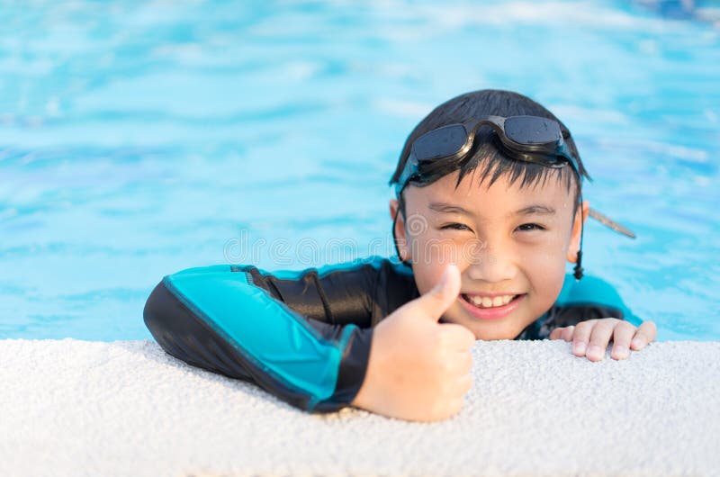 Happy Little Boy Swimming in a Pool Stock Image - Image of outdoor ...