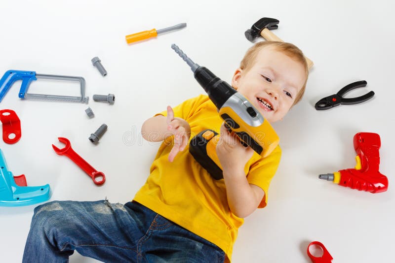 Happy Little Boy with Tools on White Background Stock Photo - Image of ...