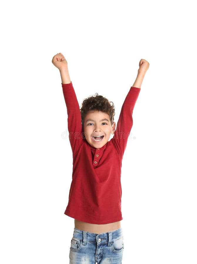 Happy Little Boy on White Background Stock Image - Image of emotional ...