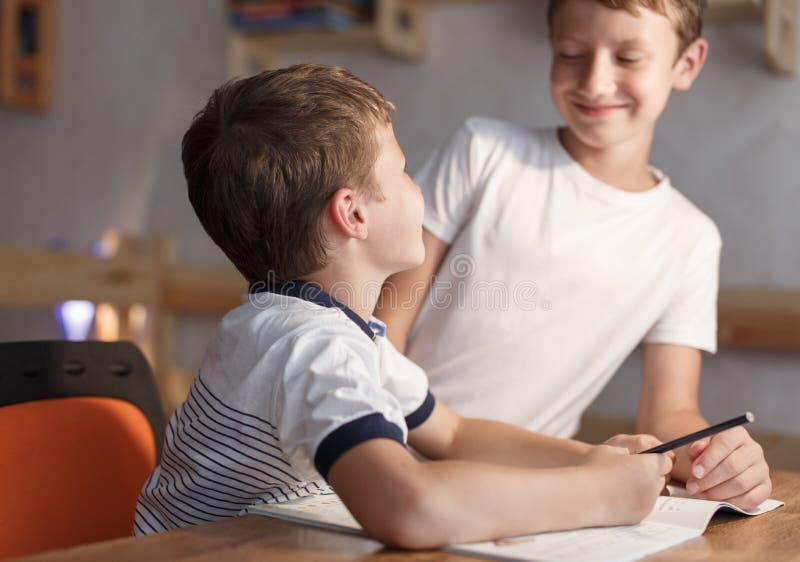 Happy Little Boys Solve Math Problem Smile Stock Image - Image of ...