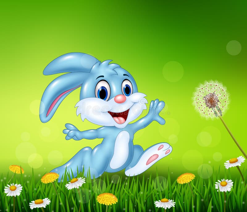 Happy Little Bunny Jumping on Grass Background Stock Vector ...
