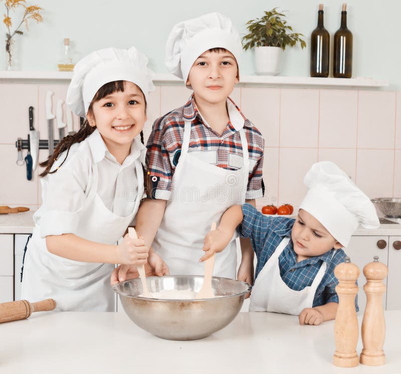 Happy Little Chefs Preparing Dough in the Kitchen Stock Image - Image ...