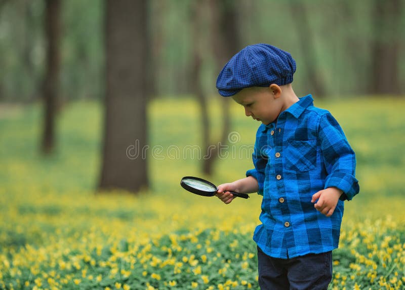 Happy Little Happy Child Boy, Exploring Nature with Magnifying Glass ... Happy Little Happy Child Boy, Exploring Nature with Magnifying Glass ...