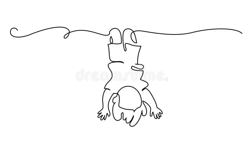 Happy Little Child Hanging Upside Down on Tree Branch. Continuous One ...