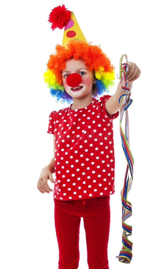 Little Boy In Clown Costume Holds Slingshot And Looks At Camera Stock ...