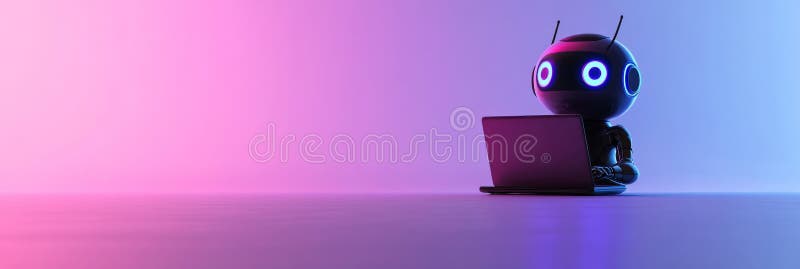 A Happy Little Friendly Stock Robot is Using a Laptop Computer with a ...