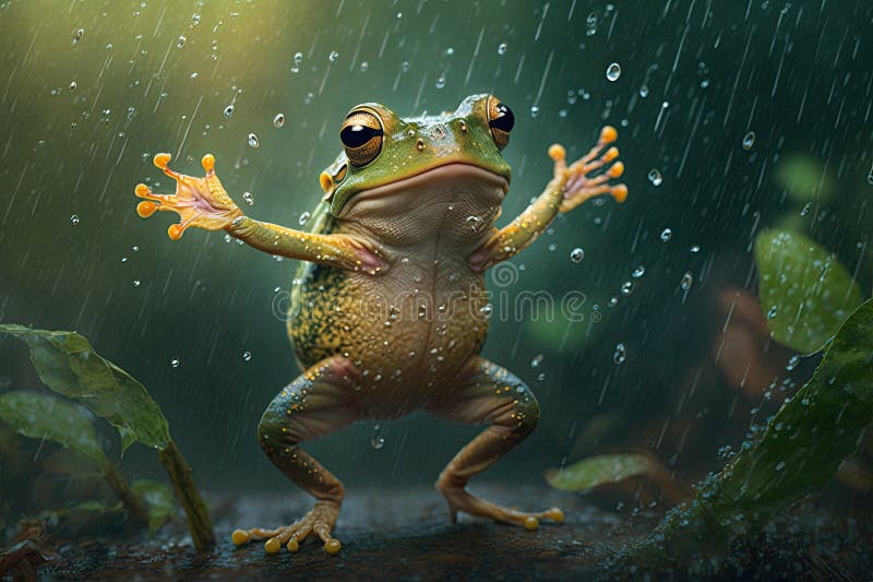 Happy Little Frog is Dancing in the Rain in the Woods Stock ...