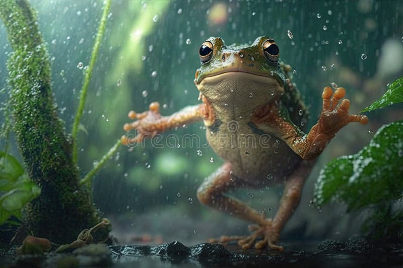 Happy Little Frog is Dancing in the Rain in the Woods Stock ...