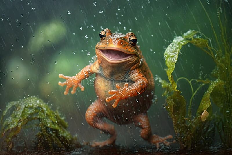 Happy Little Frog is Dancing in the Rain in the Woods Stock ...