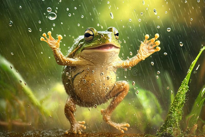Happy Little Frog is Dancing in the Rain in the Woods Stock ...