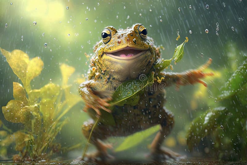Happy Little Frog is Dancing in the Rain in the Woods Stock ...