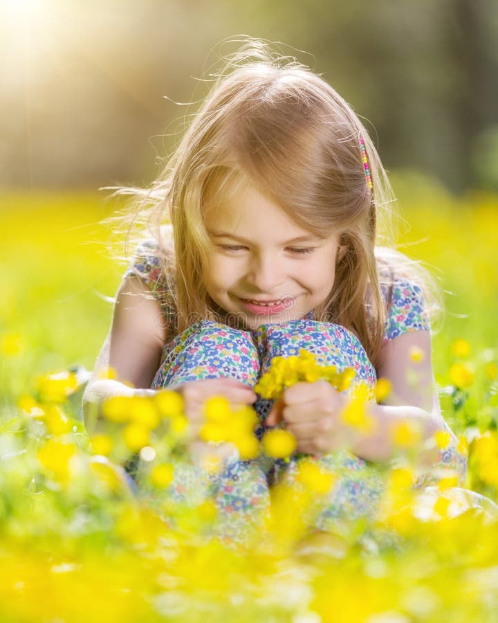 Happy Little Girl on Blooming Meadow Stock Photo - Image of flower ...