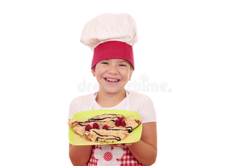 Happy Little Girl with Crepes Stock Photo - Image of chef, dessert ...