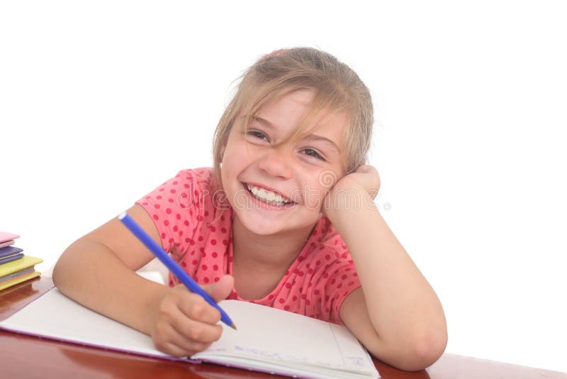Happy Little Girl Doing Homework Stock Image - Image of book, smiling ...