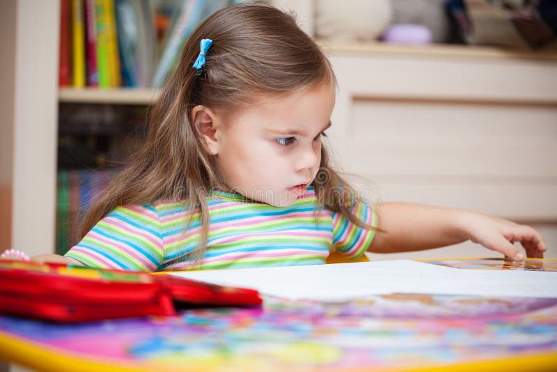 Happy Little Girl Drawing with Pencils Stock Image - Image of paint ...