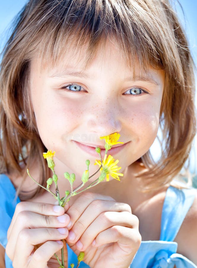 Happy Little Girl with a Flower in His Hand Stock Photo - Image of lady ...