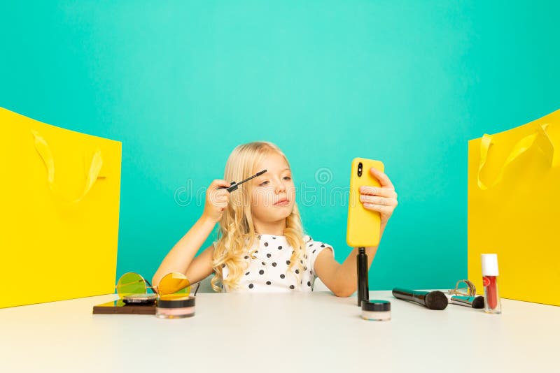 Happy Little Girl in Front of Phone Camera Making Video for Vlog ...