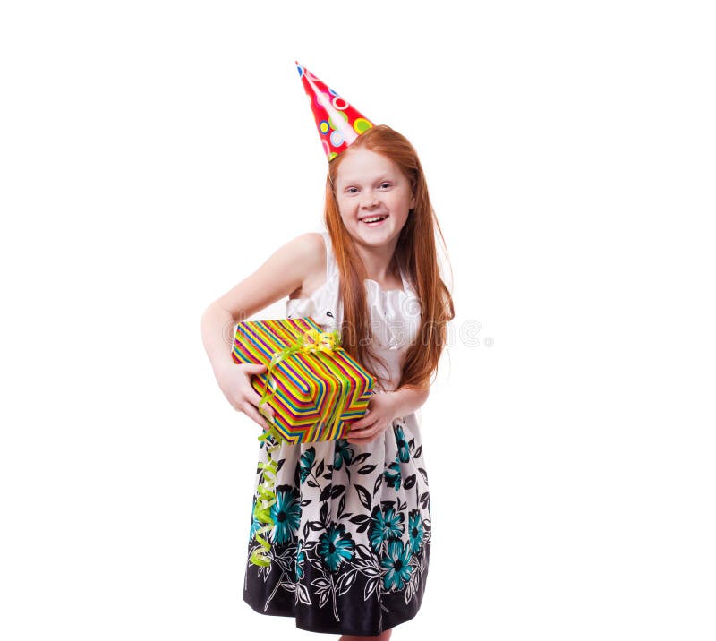 Happy Little Girl with Gift Box Over White Background Stock Image ...