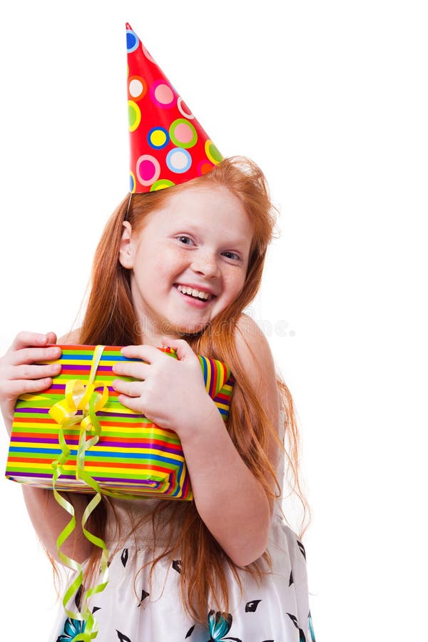 Happy Little Girl with Gift Box Over White Background Stock Photo ...