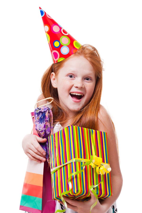 Happy Little Girl with Gift Box Over White Background Stock Photo ...