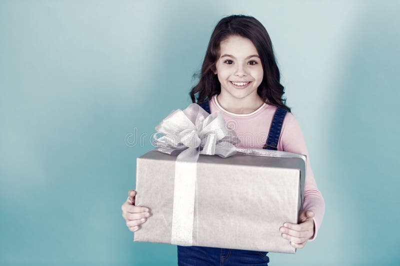 Happy Little Girl with Gift Box Stock Photo - Image of happy, gift ...