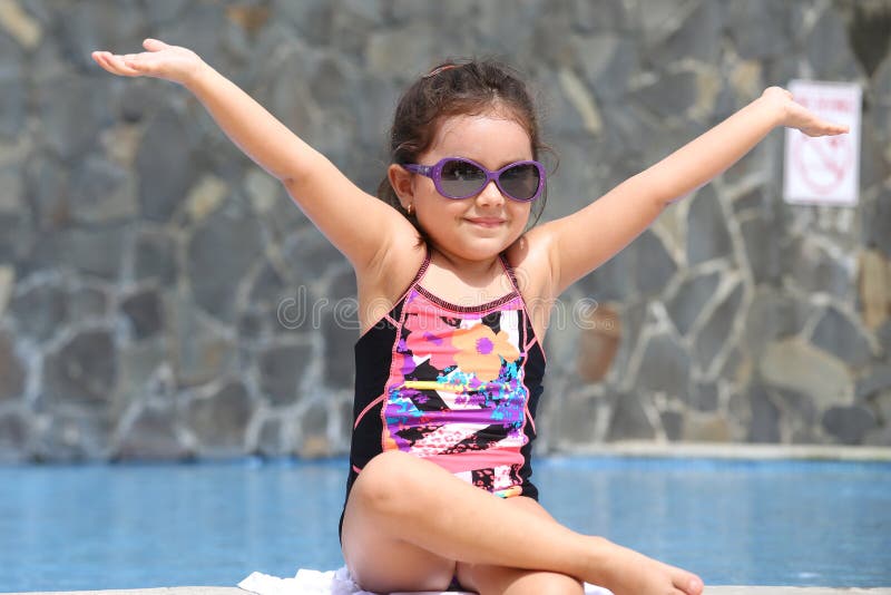Happy Little Girl with Open Arms Outside the Pool Stock Image - Image ...