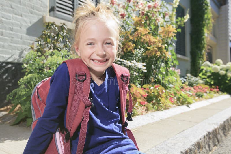 Happy Little Girl Outside with Backpack Stock Photo - Image of excited ...