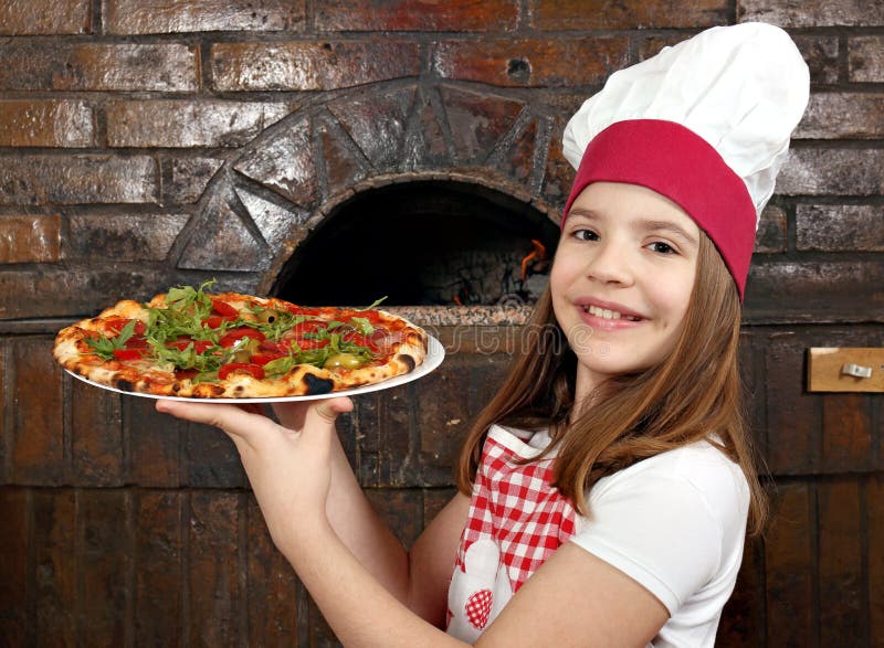 Happy Little Girl with Pizza Stock Photo - Image of olives, pizzeria ...