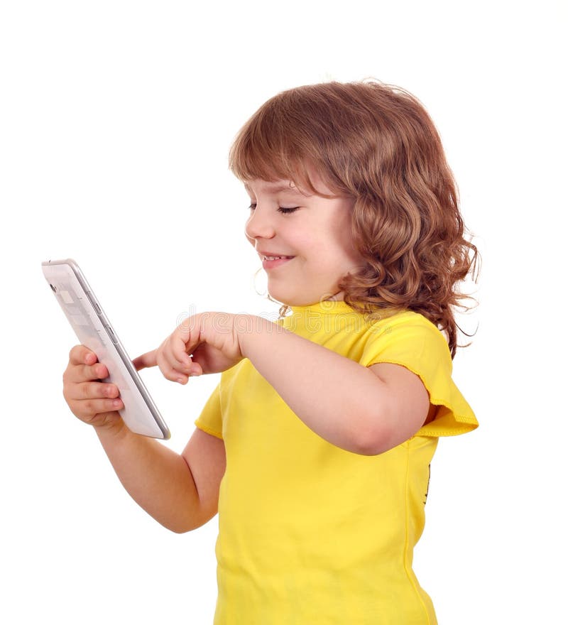 Happy Little Girl Play with Tablet Pc Stock Image - Image of beautiful ...