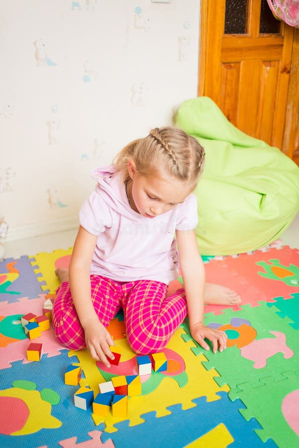 Happy Little Girl Playing with Blocks Stock Photo - Image of nursery ...