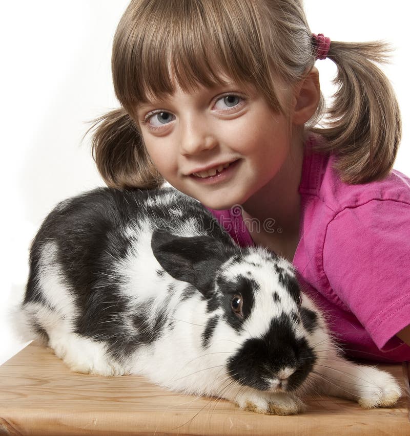 Happy Little Girl and Rabbit Close Up Stock Photo - Image of home ...