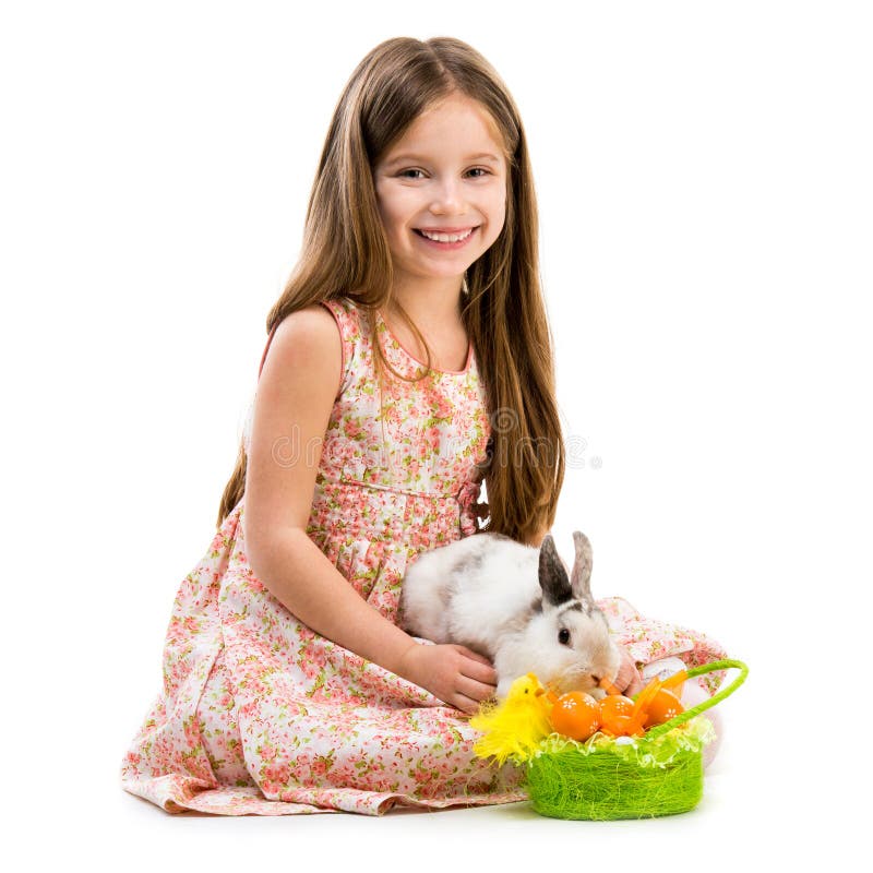 Happy Little Girl and Rabbit Stock Photo - Image of basket ...
