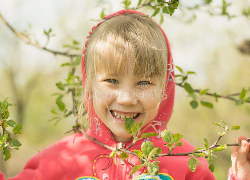 Happy Little Girl in Spring Forest Stock Image - Image of beautiful ...