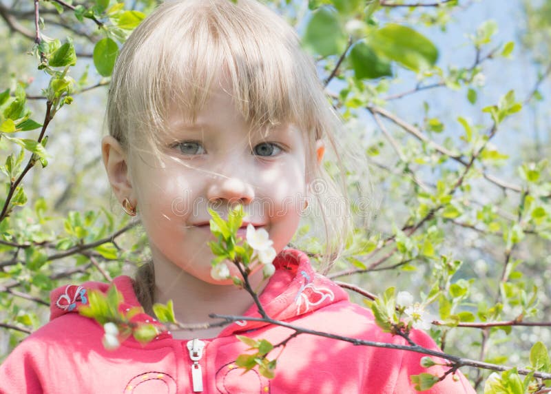 Happy Little Girl in Spring Forest Stock Photo - Image of garden, green ...